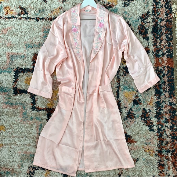 Vintage | Intimates & Sleepwear | Vintage Pink Satin Floral Embroidered ...
